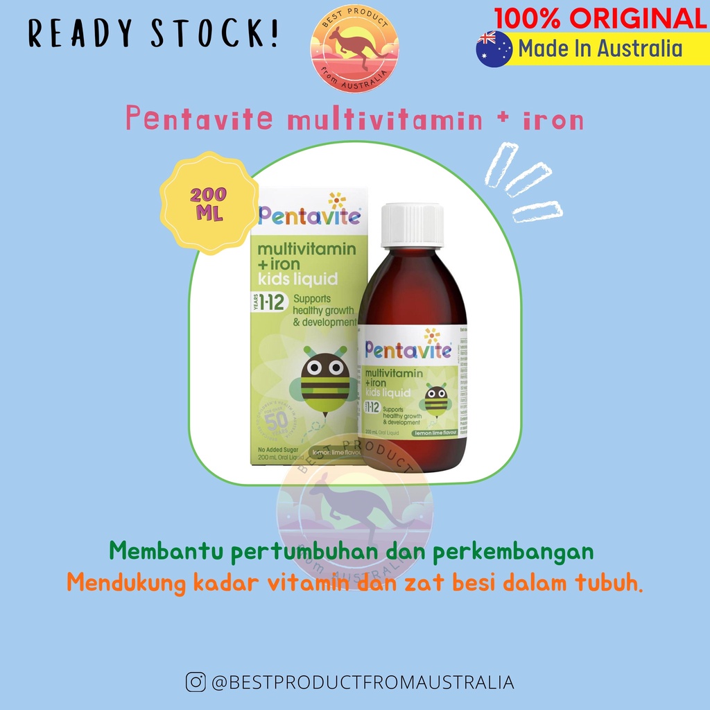 Jual Pentavite Multivitamin + iron kids liquid 200ml Original Australia ...