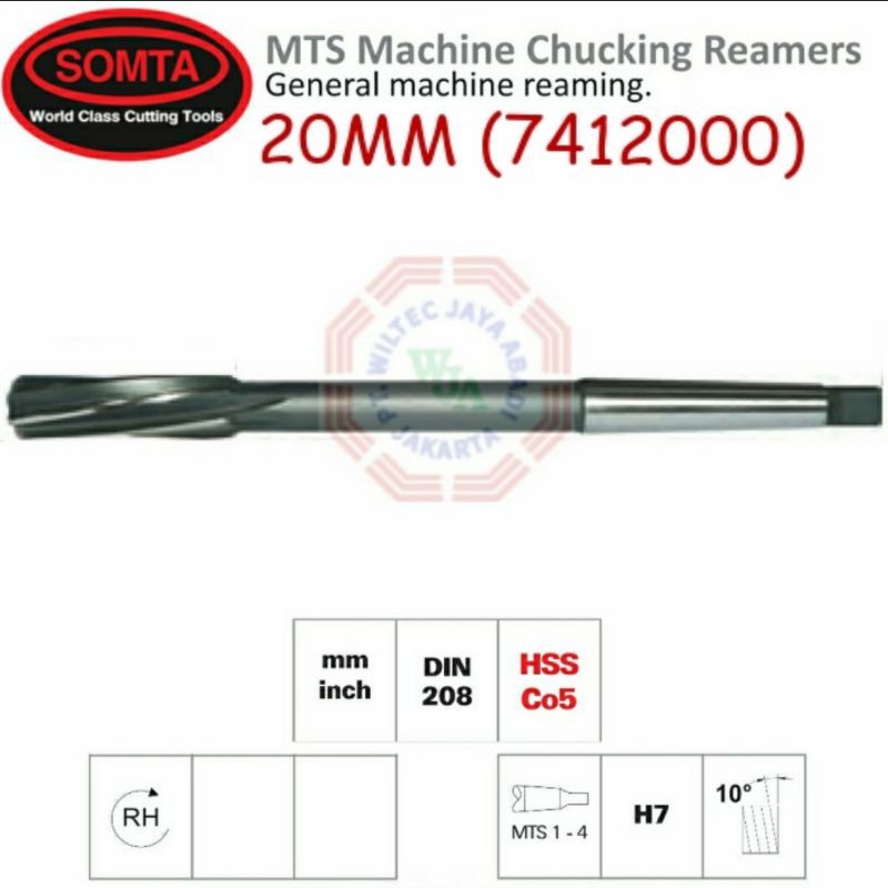 Jual MTS Machine Chucking Reamers 20mm HSS - Co Merek SOMTA (Code ...