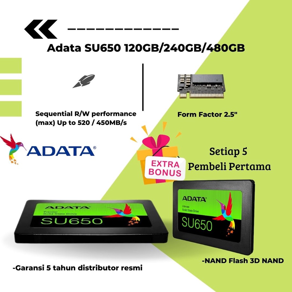 Jual ADATA SU650 120/240GB/480 SATA III NAND Flash 3D NAND ( R/W Up to 520 / 450MB/s ) | Shopee ...