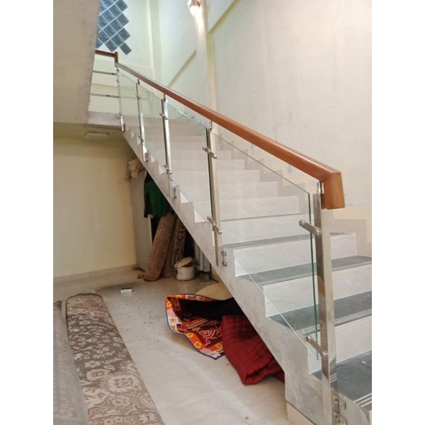 Jual Ralling tangga stainless kaca tempered 8mm Handrail kayu Elegant ...