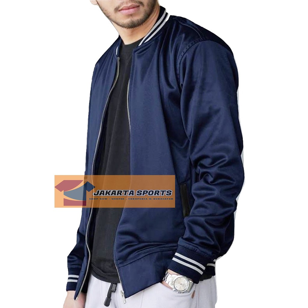 JAKET BASEBALL FULL BIRU NAVY RIB PUTIH ZIPPER VARSITY MURAH PRIA ...