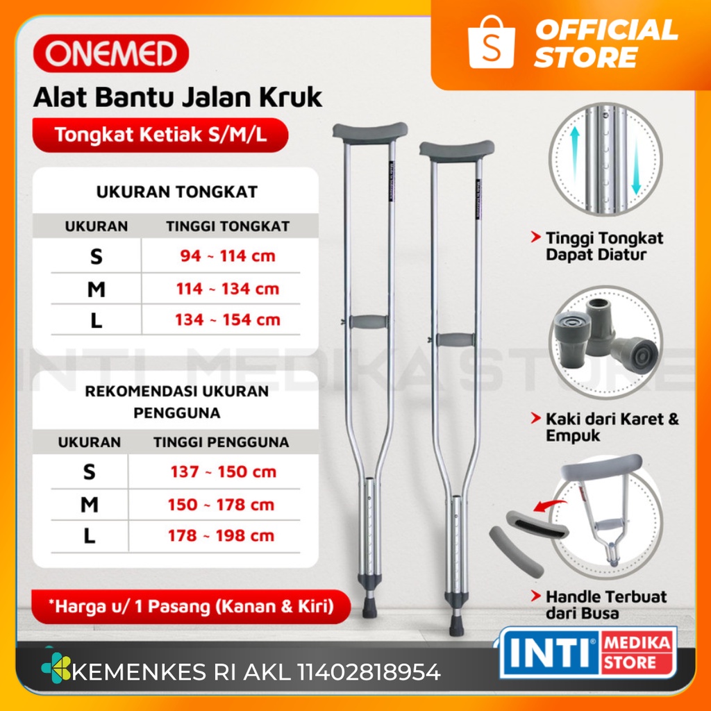 Jual ONEMED - Alat Bantu Jalan TONGKAT KRUK Ketiak | Penopang Kaki | Shopee Indonesia