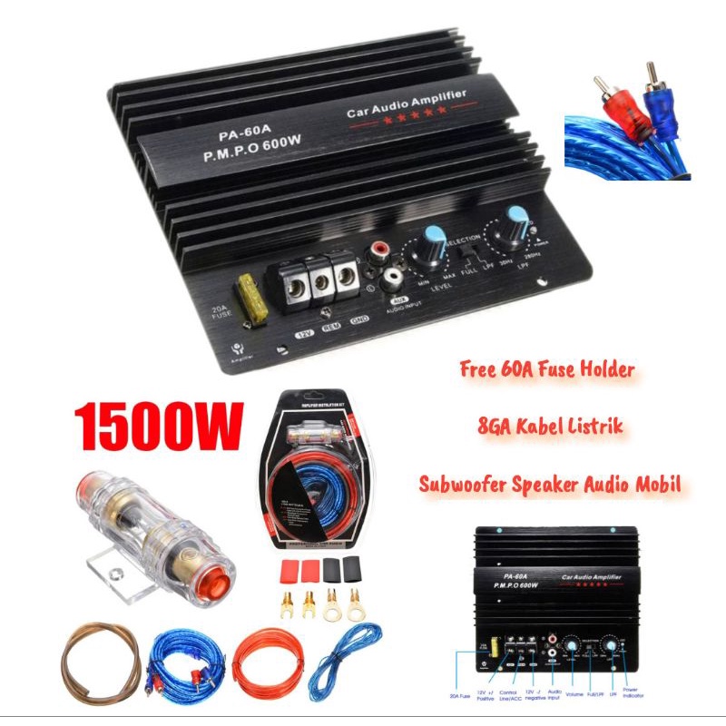Jual Kit Power Basstube/Monoblock 12v 600watt | Free kabel 8GA, Fuse Holder/Sekring 60A | Shopee ...