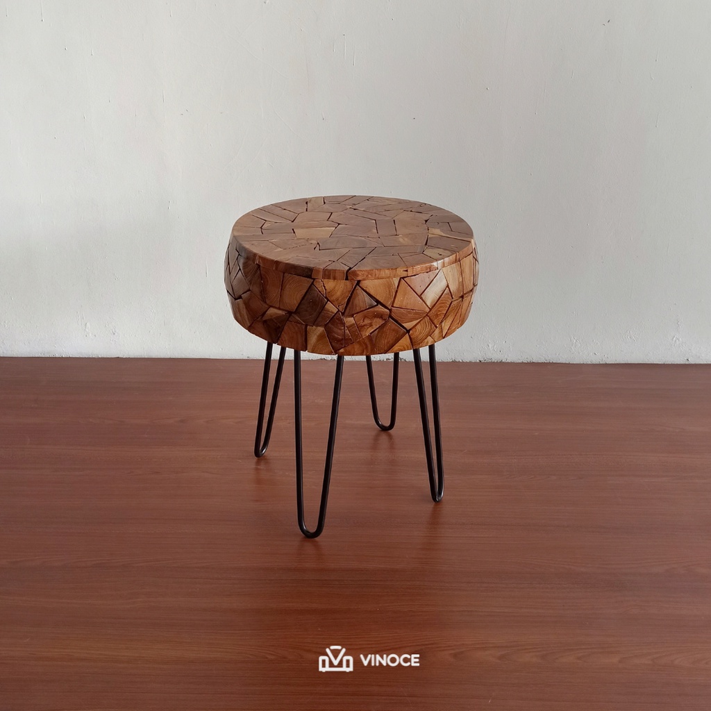 Jual Meja Kecil | Meja Bulat Kaki Besi | Meja Teak Art Puzzle | Vinoce ...