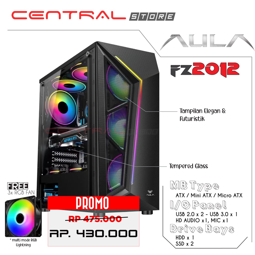 Jual Casing PC AULA FZ012 ATX Tempered Komputer Gaming Case FREE 3 fan ...
