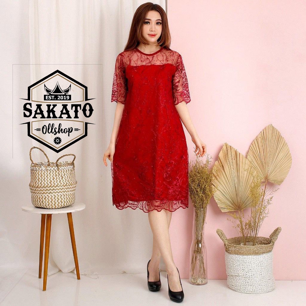 Jual PAKAIAN NATAL!!!! Dress Kekinian 2021 Brukat Korea Alea Dress Brukat Tulle Bordir Glitter ...