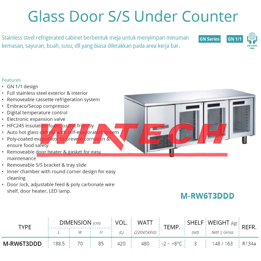 Jual GEA M-RW6T3DDD S/S UNDER COUNTER WITH GLASS DOOR / TEMPAT MENARUH SAYUR - MEJA KERJA ...