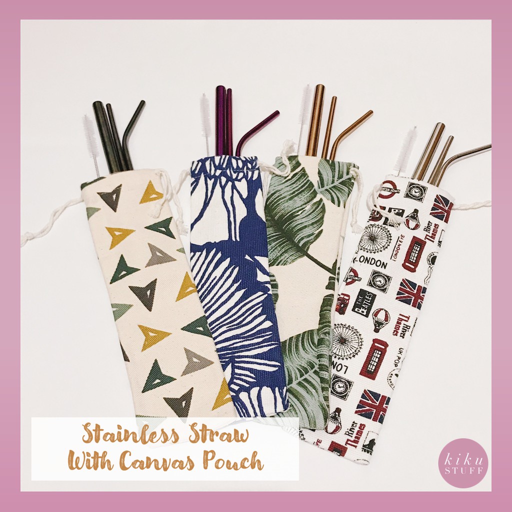 Jual [Pouch Kain Kanvas / Canvas] Stainless Straw 1 Set 5 Pcs Reusable ...
