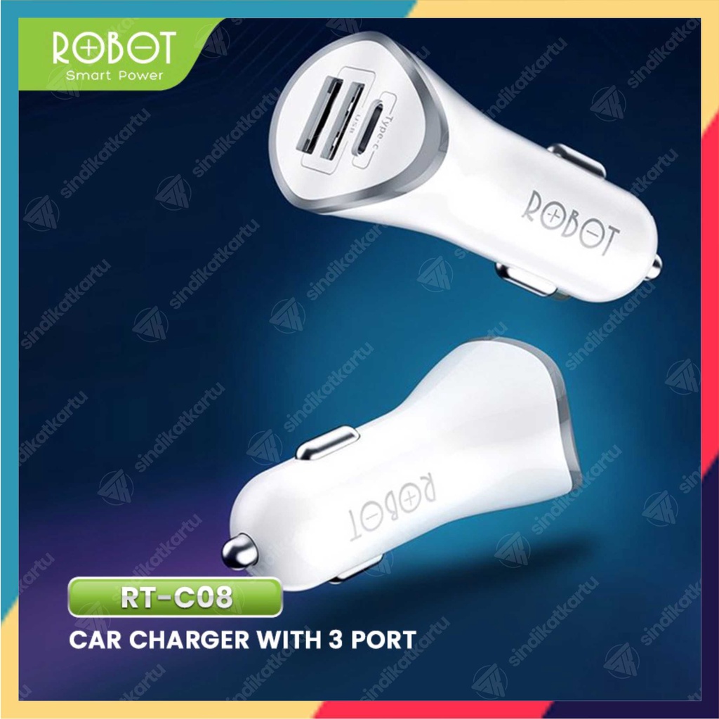 Jual ROBOT RT-C08 | Car Charger - 3 Port USB & Type C Output 4,8A | 100% ORIGINAL | Shopee Indonesia