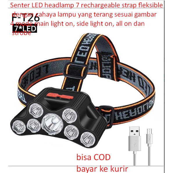 Jual Senter LED headlamp 7 rechargeable strap fleksible dengan cahaya ...