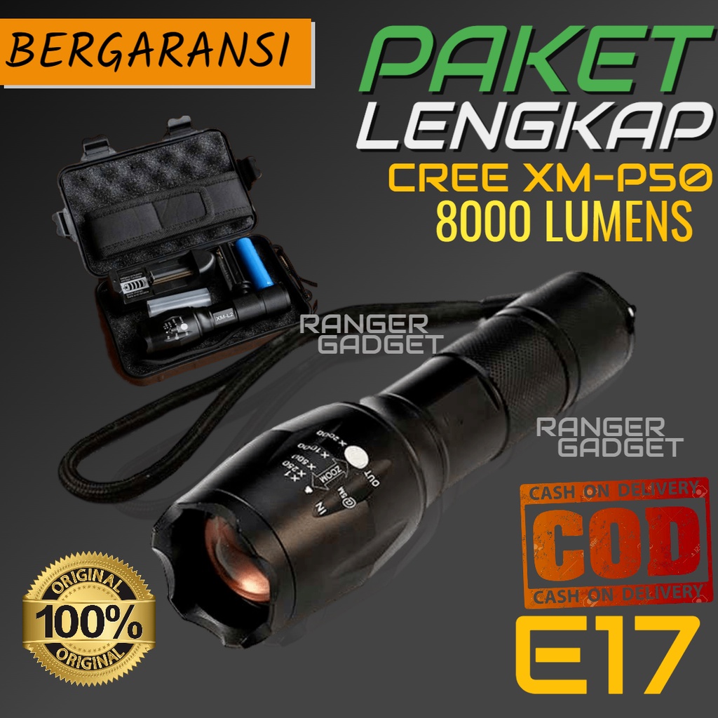 Jual Senter Led Super Terang Jarak Jauh 8000 Lumens XM P50 Fulllset ...