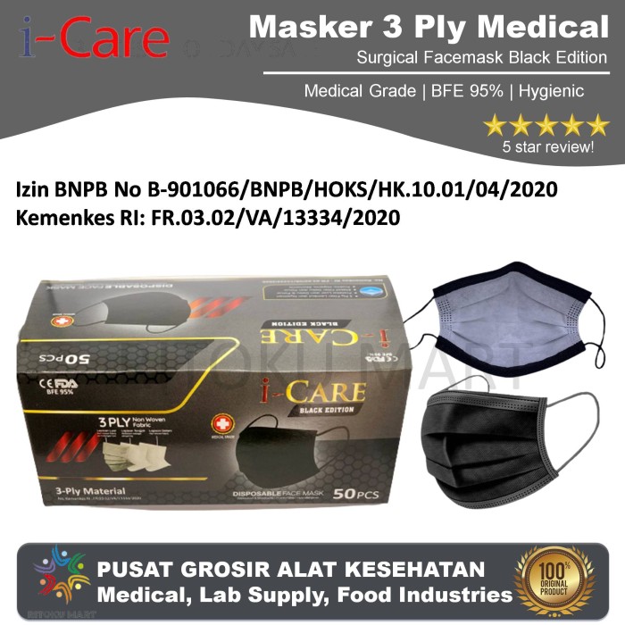 Jual Masker Hitam 3 ply Earloop isi 50 Pcs Medis Grade i-Care Black ...