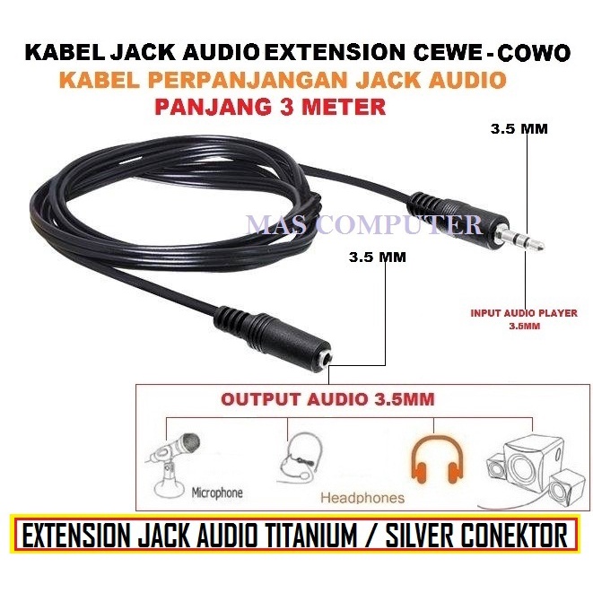 Jual KABEL JACK AUDIO EXTENSION PANJANG 3 METER / JACK AUDIO AUX 3.5MM - 3.5MM/KABEL ...