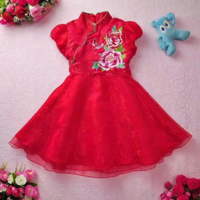 Jual Cheongsam dress anak sleeve rose embroidery Indonesia|Shopee Indonesia