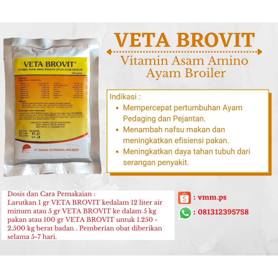 Jual VETA BROVIT 100 G | VITAMIN ASAM AMINO KHUSUS AYAM BROILER ...