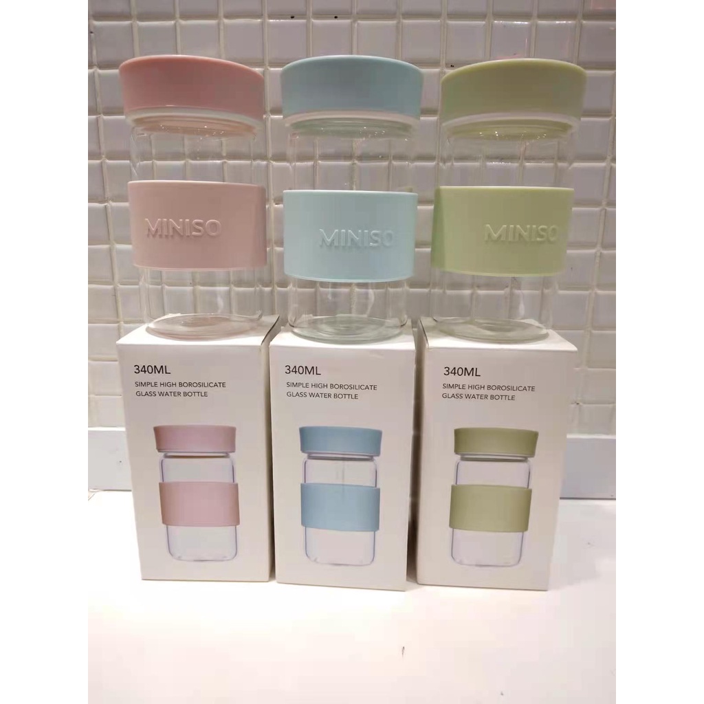 Jual SALE!! MINISO SIMPLE HIGH BOROSILICATE GLASS WATER BOTTLE 340 ML ...