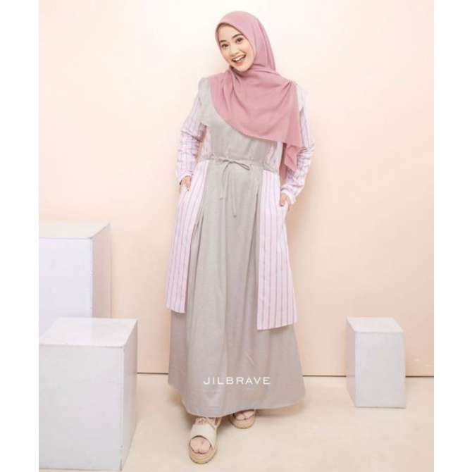 Jual LUCIA DRESS JILBRAVE | Gamis Stylish Aksen Layer Motif Salur Bahan Katun Madinah mix Cotton ...