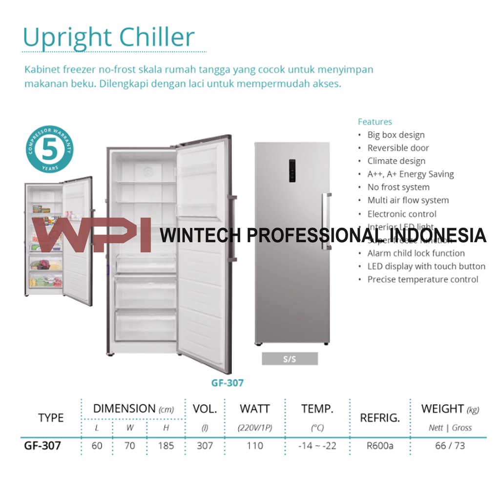 Jual Gea GF-307 GF307 Upright Freezer With Drawer No Frost Multi Flow ...