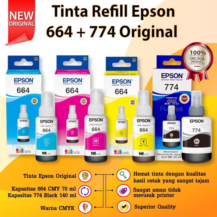 Tinta Refill Botol Epson T774 774 Black + T664 664 CMY Original Ink ...