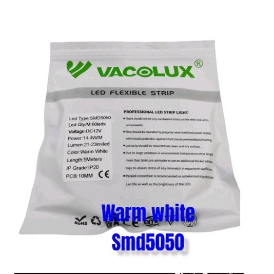 Jual LAMPU LED STRIP IP20 5050 5M DC 12V VOLT VACOLUX WHARM WHITE ...