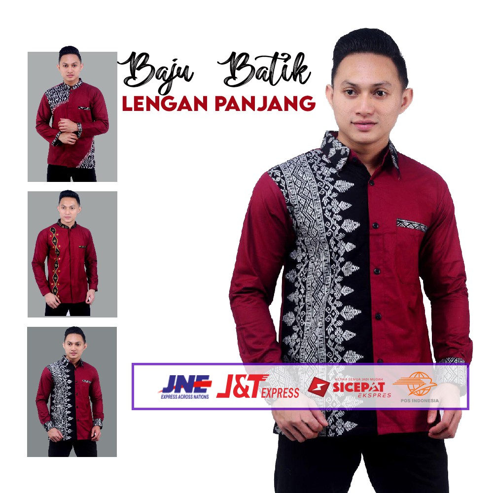 Jual Batik Kombinasi Kemeja Batik Pria Lengan Panjang Warna Maroon ...