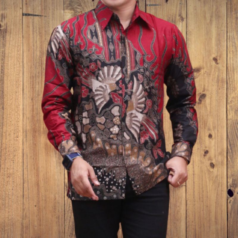 Jual kemeja batik Manuk pola merah original baju batik natal seragam batik kerja kantor pakaian ...