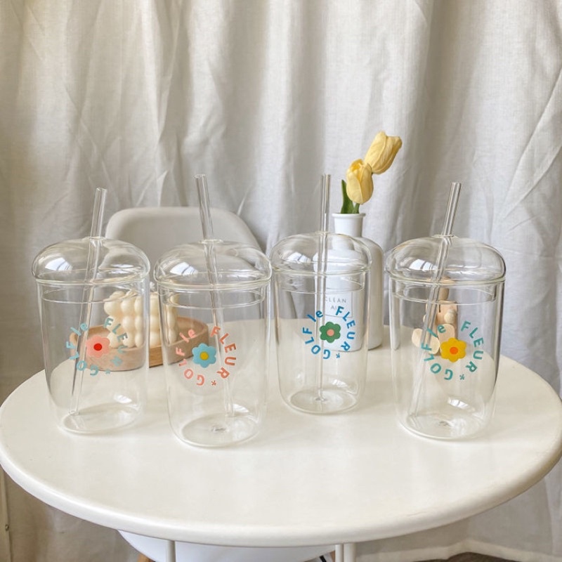 Jual (500ML ) GELAS KACA AESTHETIC / GELAS KACA BUNGA | Shopee Indonesia