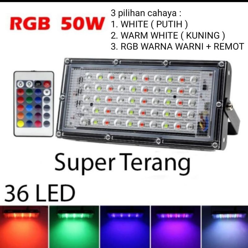 Jual Lampu sorot LED 50W RGB PUTIH KUNING Lamp flood light 50 watt outdoor indoor taman slim ...