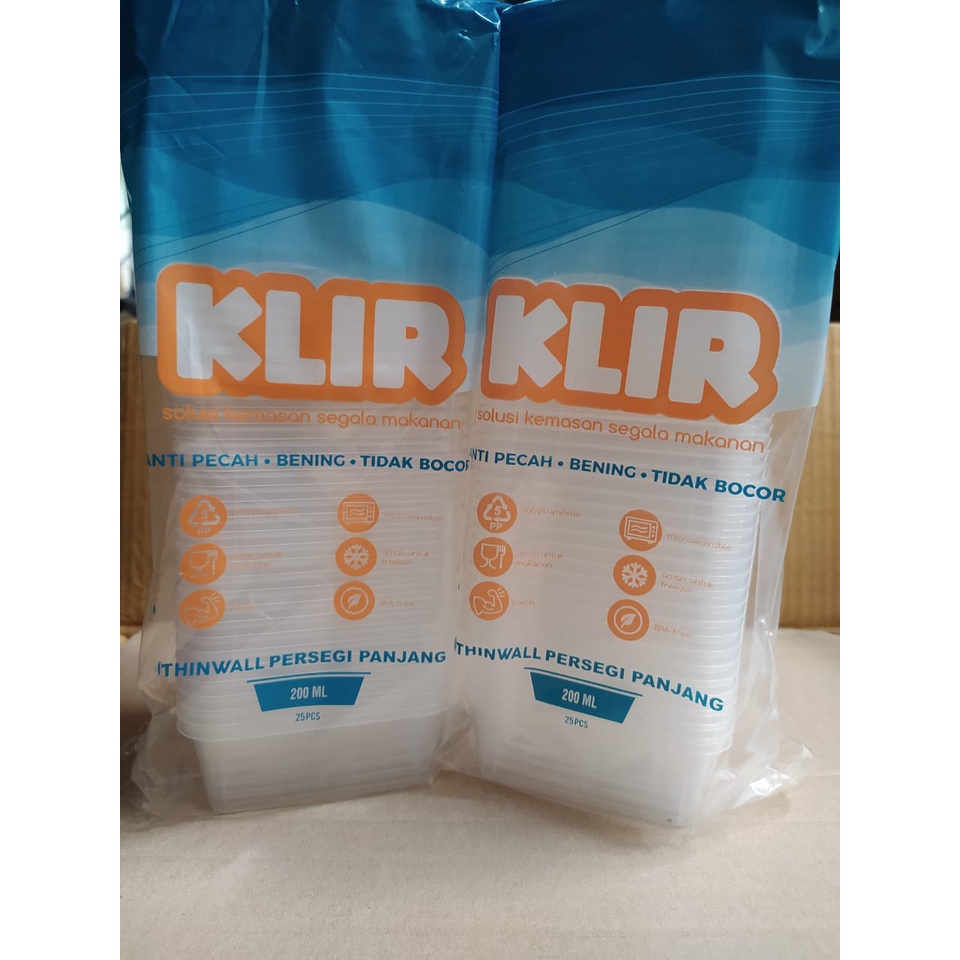 Jual Thinwall KLIR 200 ml Rectangle - Kotak Makan Bening Anti Pecah isi 25 pcs Indonesia|Shopee ...