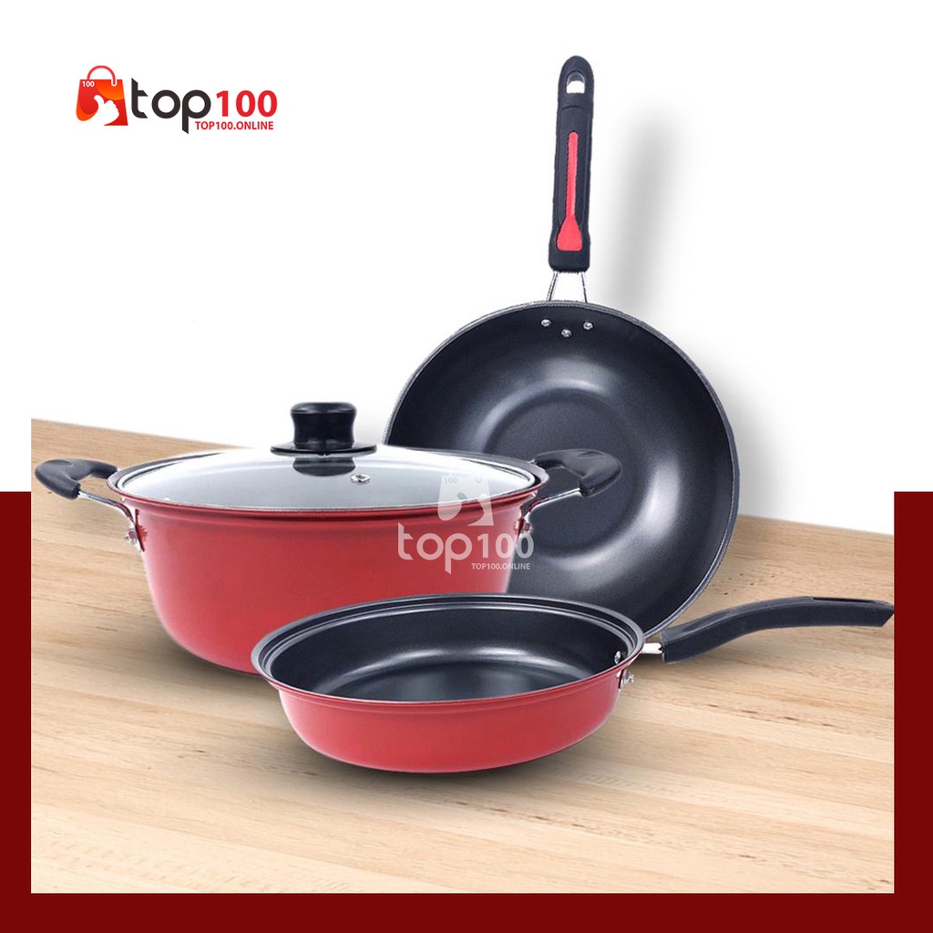 Jual Top100 - Panci Wajan Teflon Set 3 Pcs Stainless Steel Anti lengket Cookware Fry Pan Sauce ...