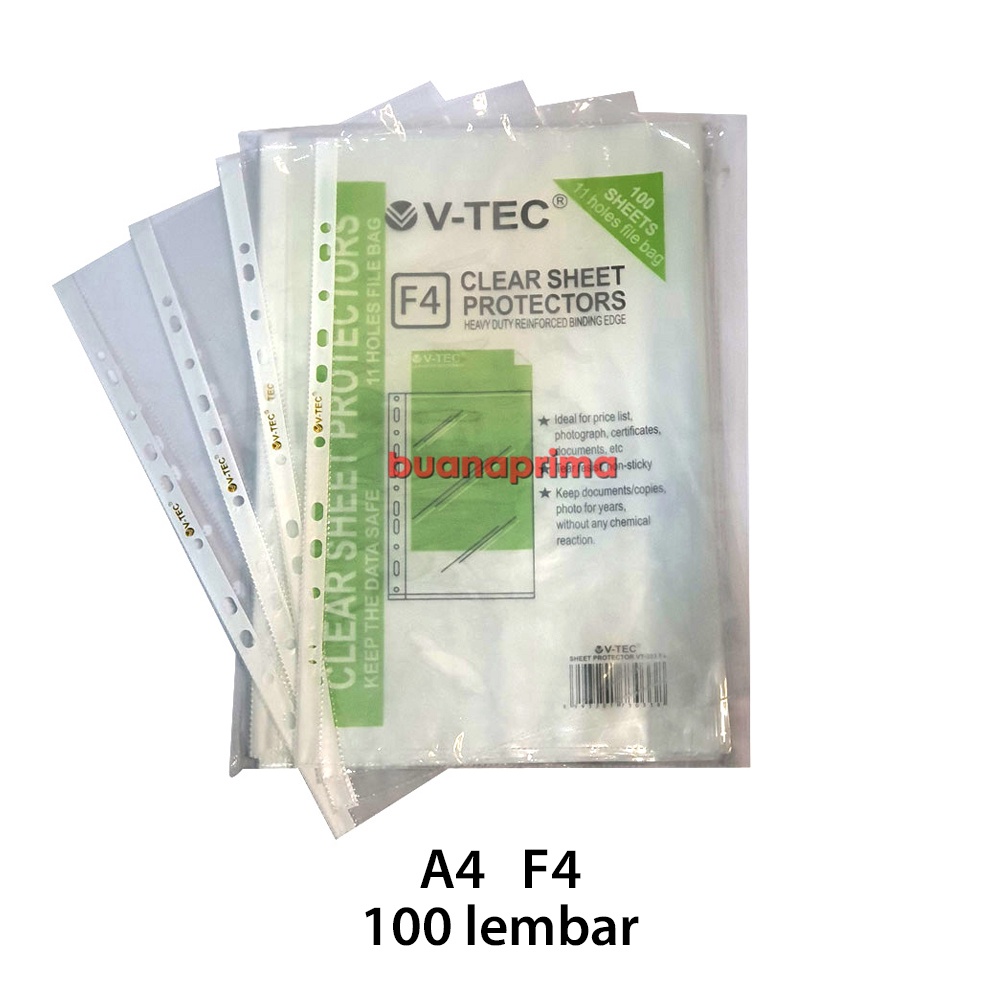 Jual Sheet Protector V-tec A4 F4 isi 100 Lembar 11 Holes Lembaran Plastik Untuk Pelindung Kertas ...