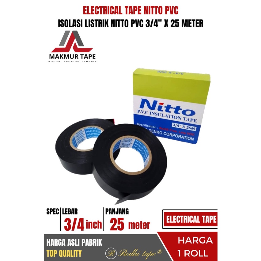 Jual NITTO ISOLASI LISTRIK ORIGINAL Tape Hitam PVC kabel nito 3/4" 25M ...