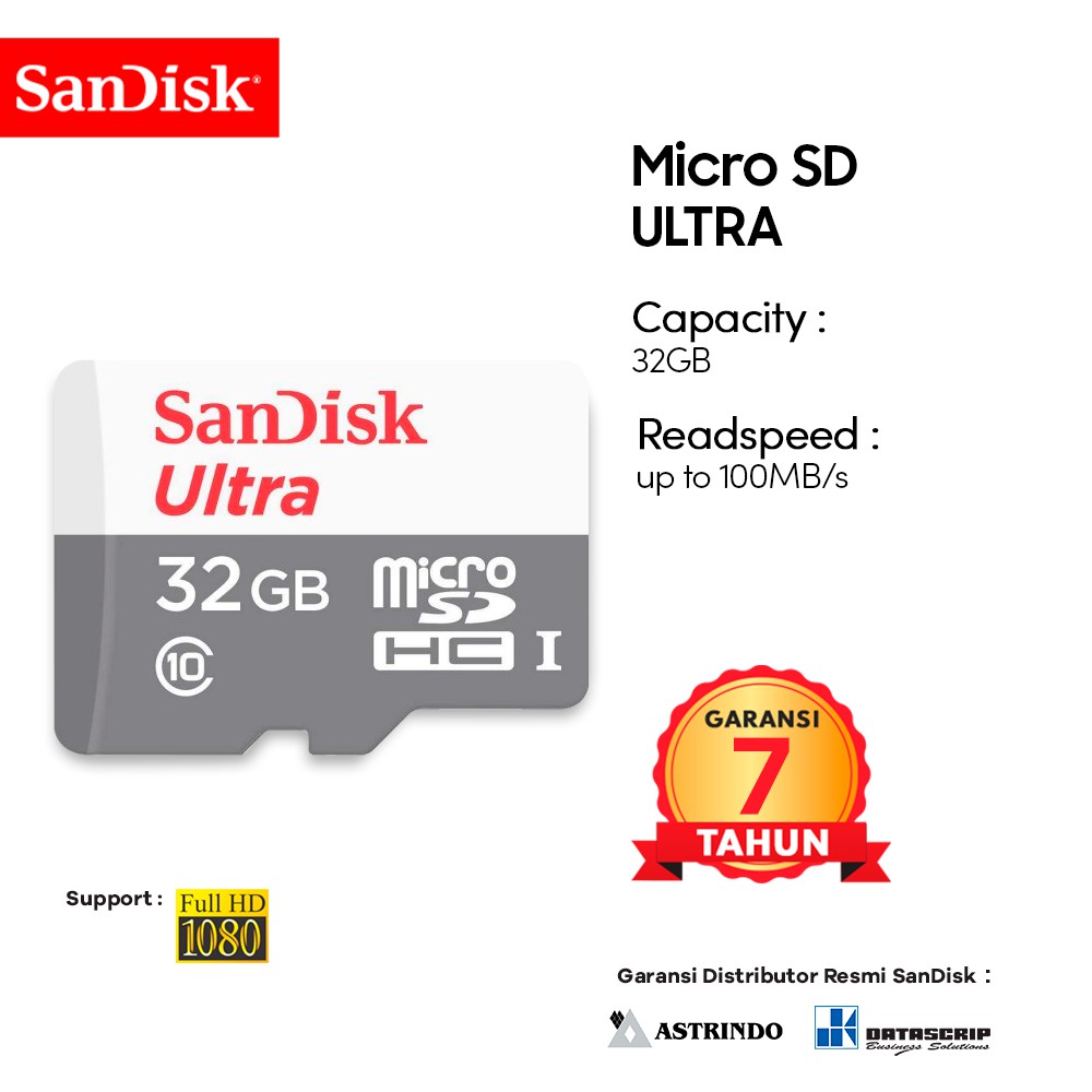 Jual Memory Card | Micro SD 32GB SanDisk Ultra up to 100Mbps Class 10 - Garansi Resmi 7 Tahun ...