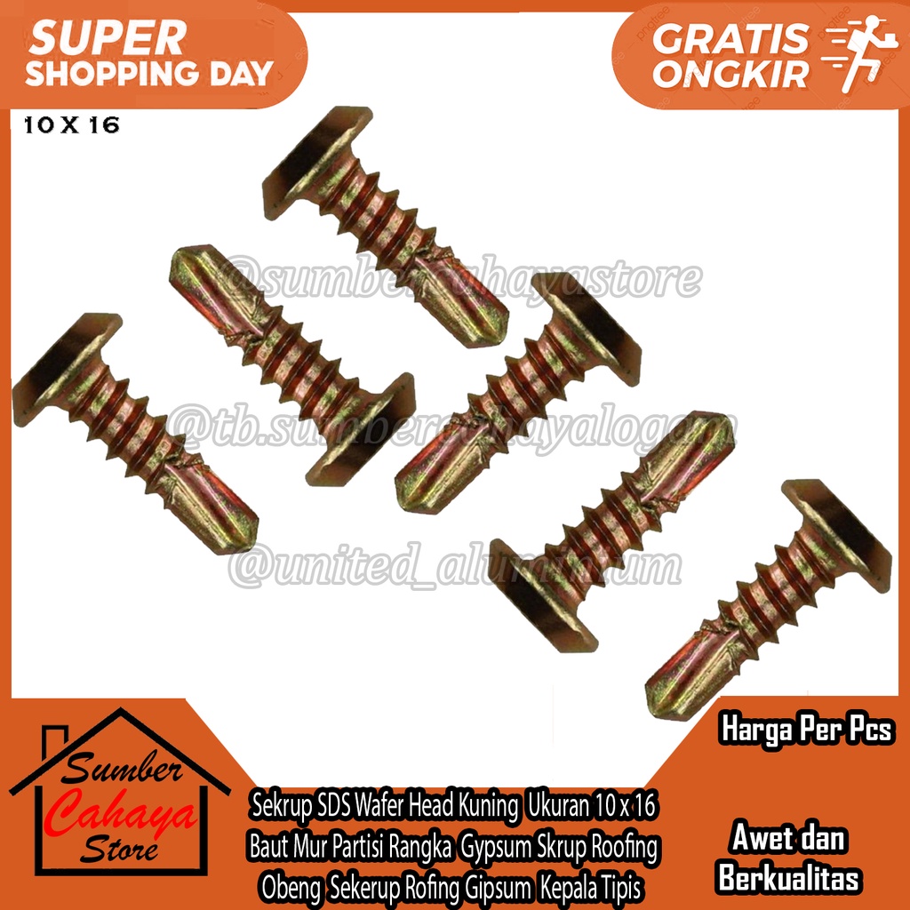 Jual Sekrup SDS Wafer Head Kuning Ukuran 10 x 16 Per Pcs Baut Mur Partisi Rangka Gypsum Skrup ...