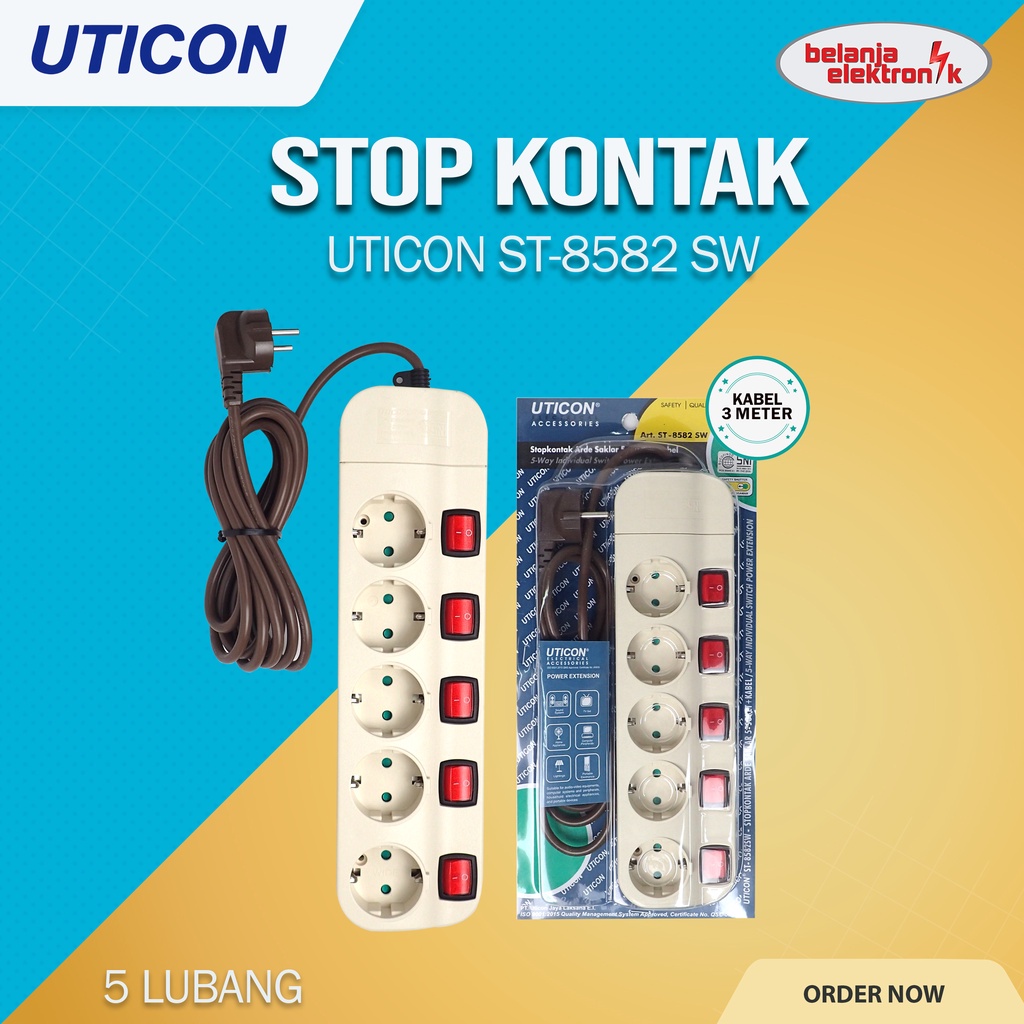 Jual STOP KONTAK 5 LUBANG KABEL 3 METER TERMINAL KONTAK KUNINGAN + SAKLAR UTICON ST-8582 SW ...