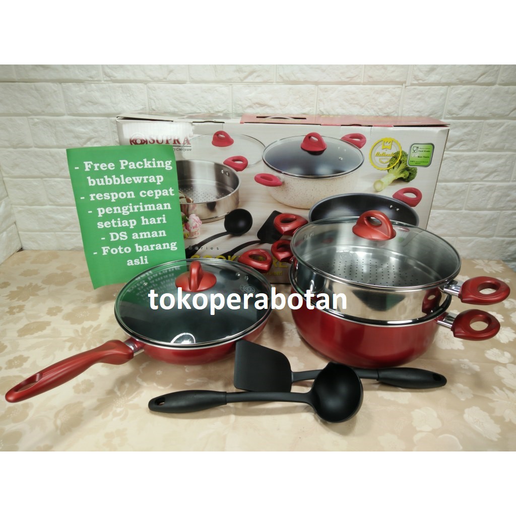 Jual TOKOPERABOTAN Panci set Supra 5pcs + steamer ( merah) / Panci ...