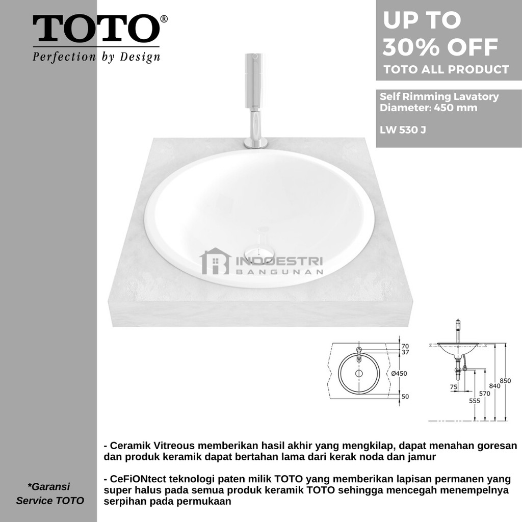 Jual Wastafel Self Rimming TOTO LW530J / Wastafel Tanam TOTO (Body Only ...