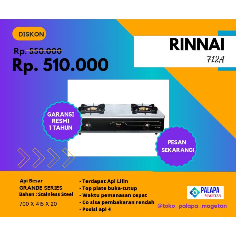 Jual KOMPOR GAS RINNAI RI 712A (2 Tungku) (Garansi Resmi) | Shopee Indonesia