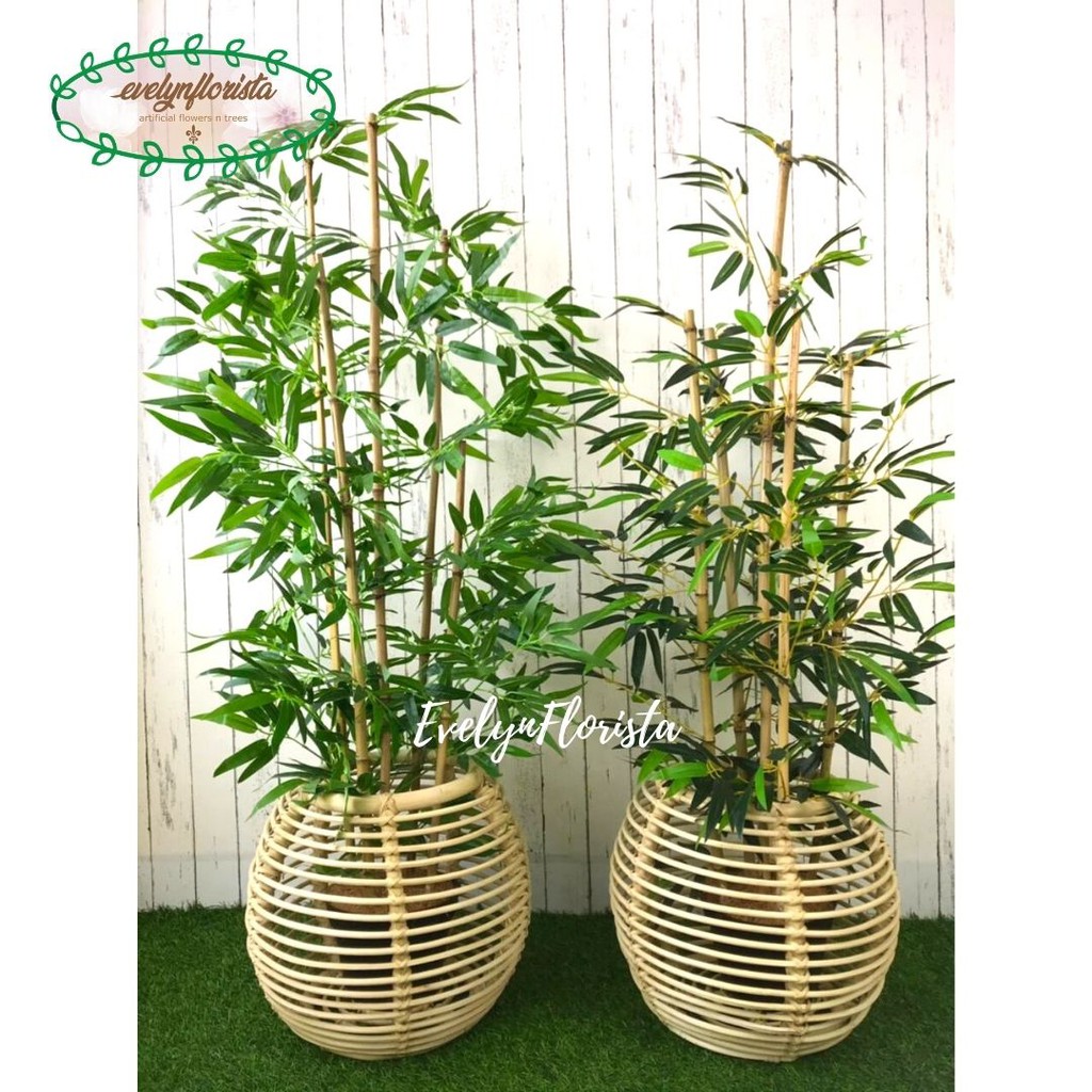 Jual Pohon Daun Bambu Hijau Kuning Latex Artificial Cover Pot Rotan ...