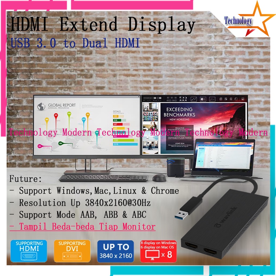 Jual 4K Multiple Monitor Display USB 3.0 to Dual HDMI Extend Display ...