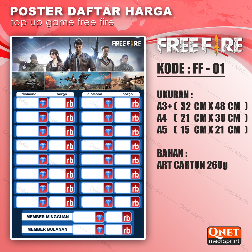 Jual POSTER KONTER DAFTAR HARGA TOP UP GAME FREE FIRE (CUSTOM ...
