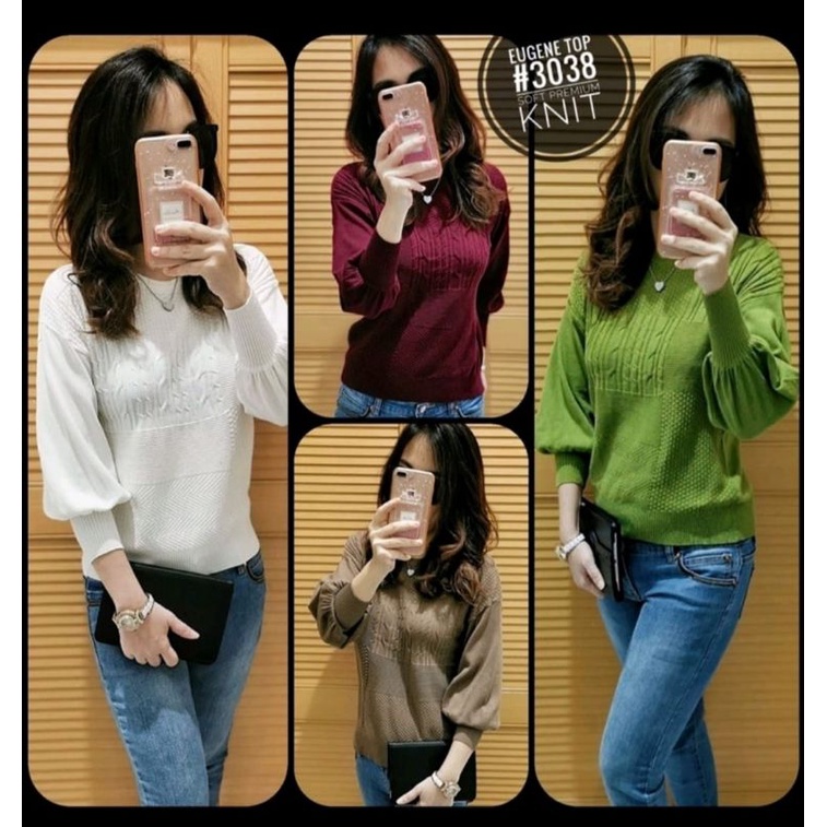 Jual 3038 Atasan/blouse rajut wanita tangan balon/blus rajut halus import polos embos real pict ...