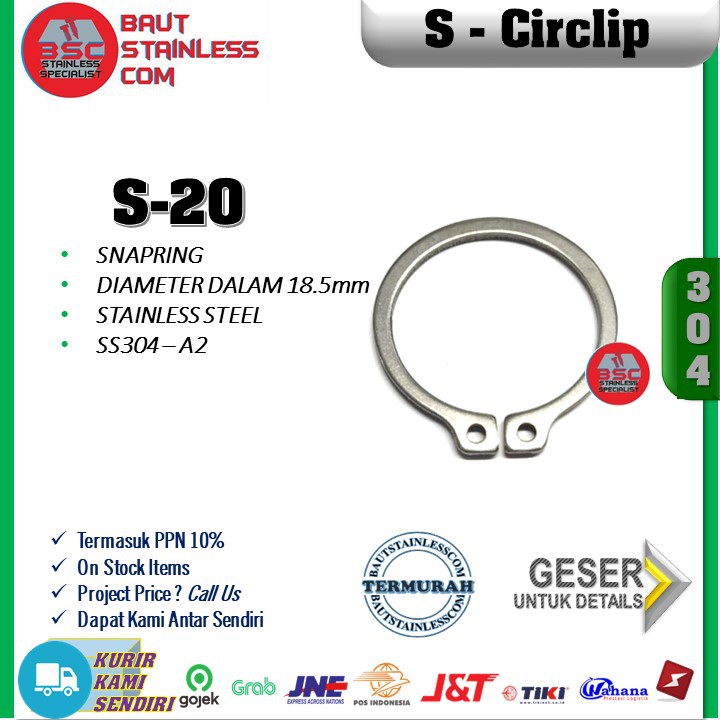 Jual CIRCLIP SNAPRING STAINLESS SS304 TYPE - S20 EXTERNAL LOCKING SNAP RING ISI 5 PCS | Shopee ...
