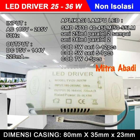 Jual LED Driver 25-36x1 Watt 220 mA AC-DC Casing Plastik NON ISOLASI ...