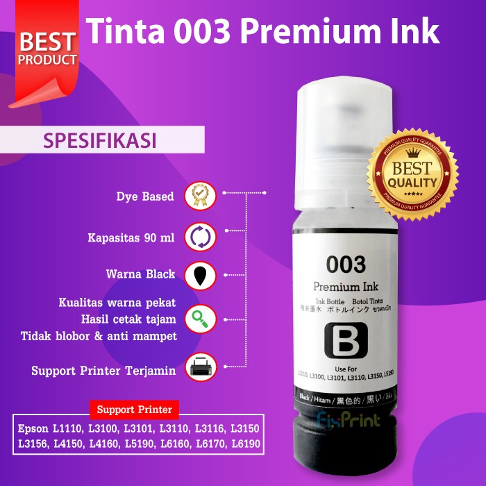 Jual Tinta Premium Ink Epson 003 Refill Printer L1110 L3110 L3150 L5190 ...