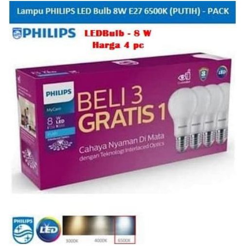 Jual Lampu Philips LED [PACK] Bulb 8W E27 6500K 230V A60-MyCare (Putih ...