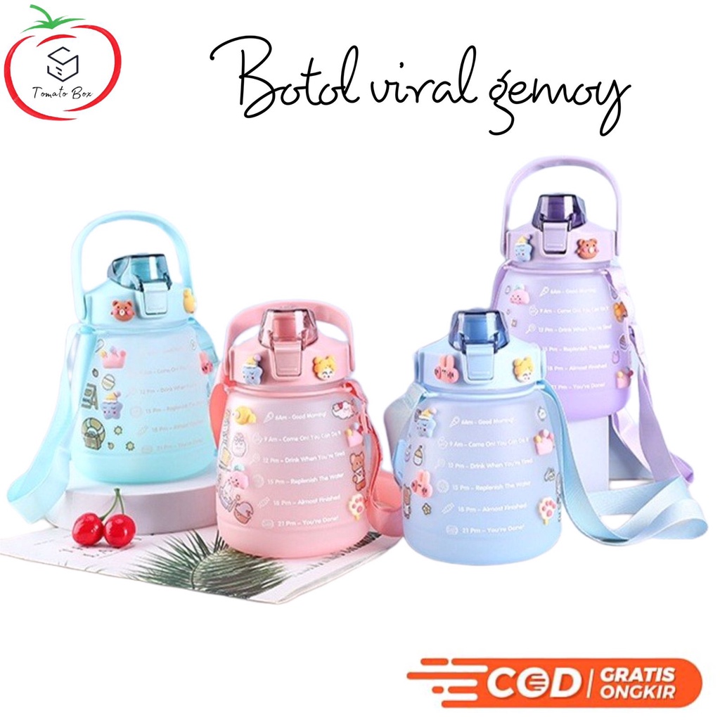 Jual Botol minum Viral / Botol gemoy / botol lucu / botol bulat 1.3 L free stiker 2D 3D & tali ...