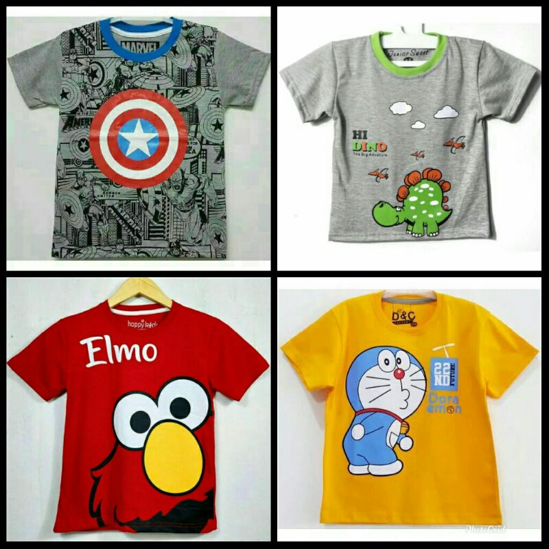 Jual Sz 1-10 kaos anak cowok karakter DORAEMON KUNING/DINO/ ELMO MERAH ...