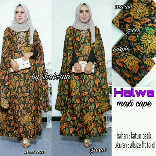 Jual Dress batik maxi cape lengan bolong Halwa kekinian | Shopee Indonesia