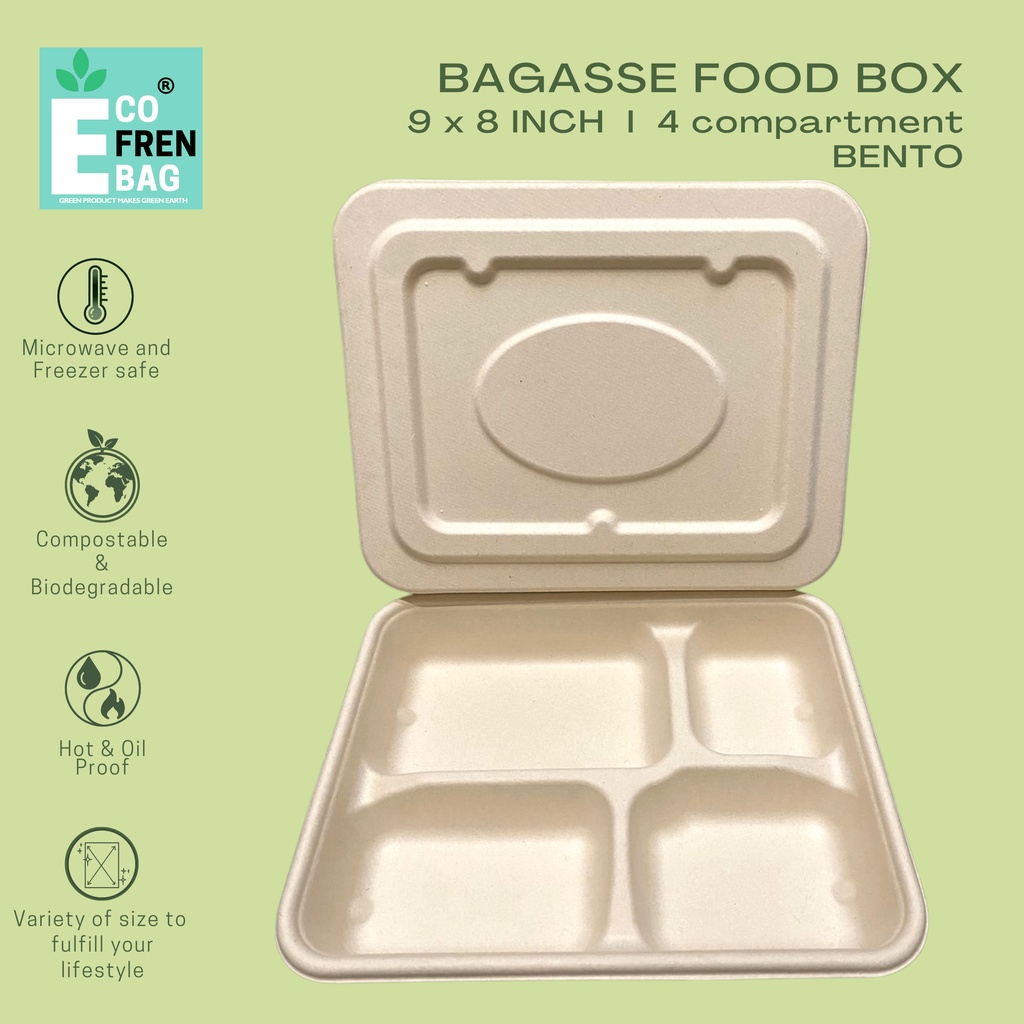 Jual ECOFRENBAG Bento Box Bagasse kotak makan 4 sekat/ 4 Compartments | Shopee Indonesia